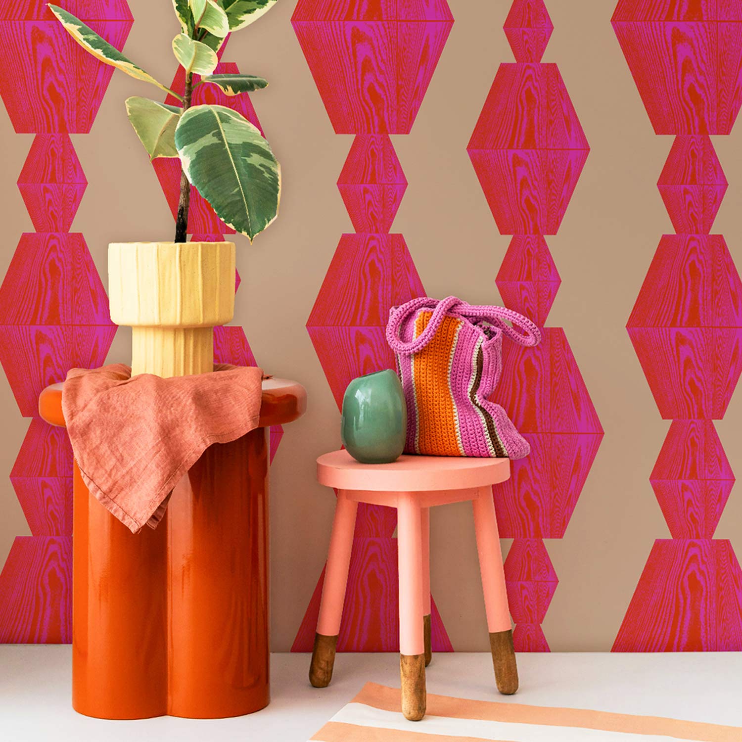 Hot Pink Geometric Wood Print Wallpaper | Livettes | Livettes Wallpaper